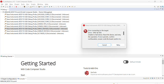 SK-AM62A-LP: Facing issue in "CCS Launch, Load and Run" steps while running "hello world ...