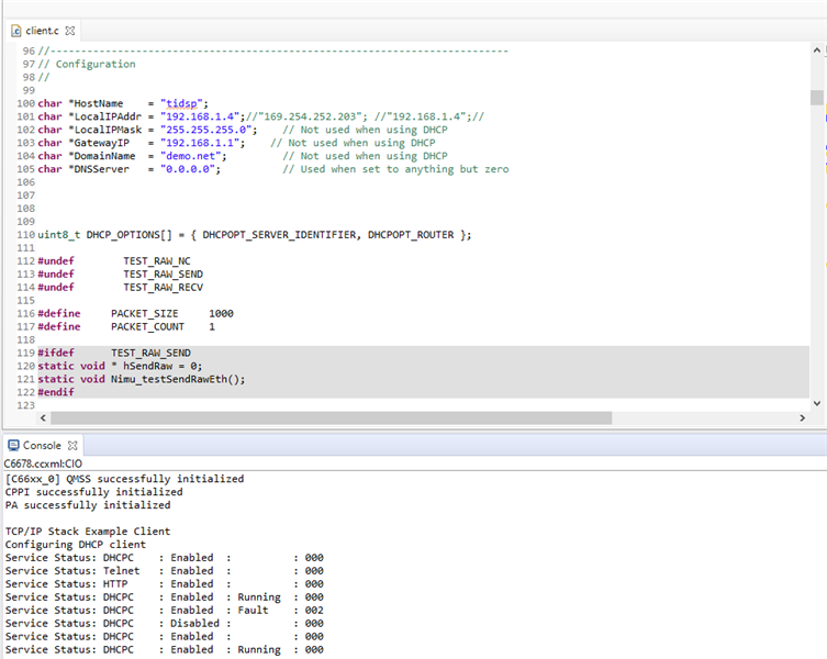 TMS320C6678: NIMU_emacClientExample client not connecting to server - Processors forum ...