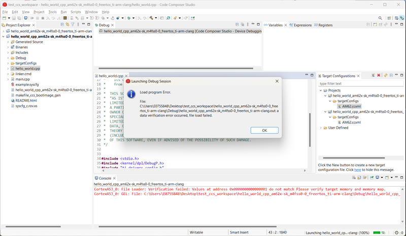 SK-AM62B-P1: File Loader Verification failed Error When Trying To Flash Code Onto M4 ...