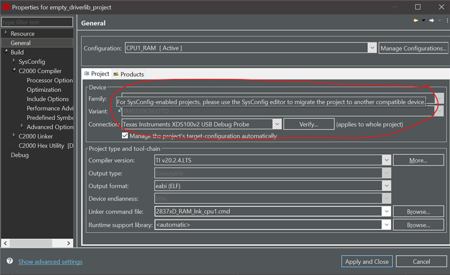 TMS320F28379D: Cannot change the device value to 28379D in CCS project with project properties ...