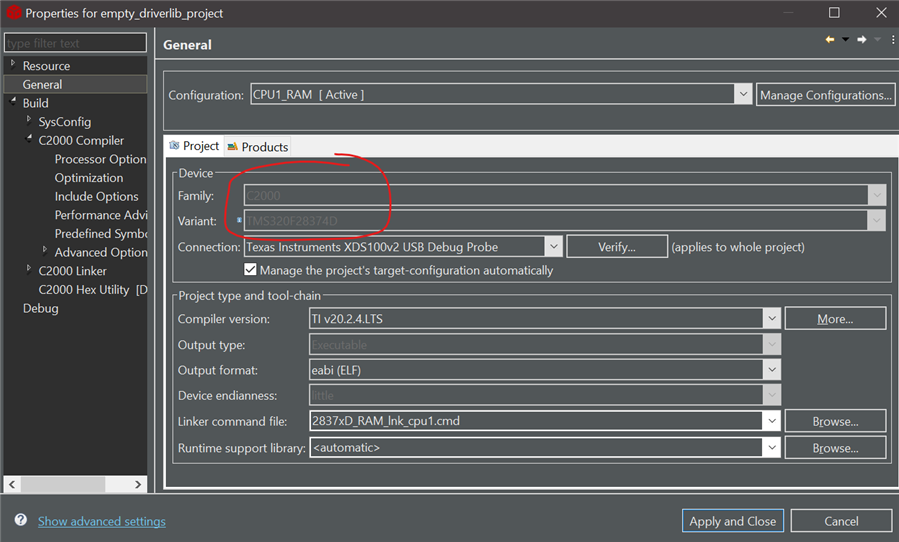 TMS320F28379D: Cannot change the device value to 28379D in CCS project with project properties ...
