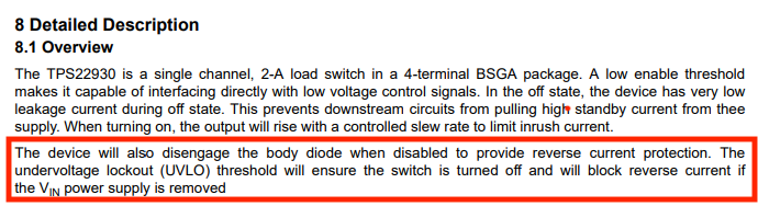 TPS22930A: Reverse current protection, datasheet clarification - Power management forum - Power ...